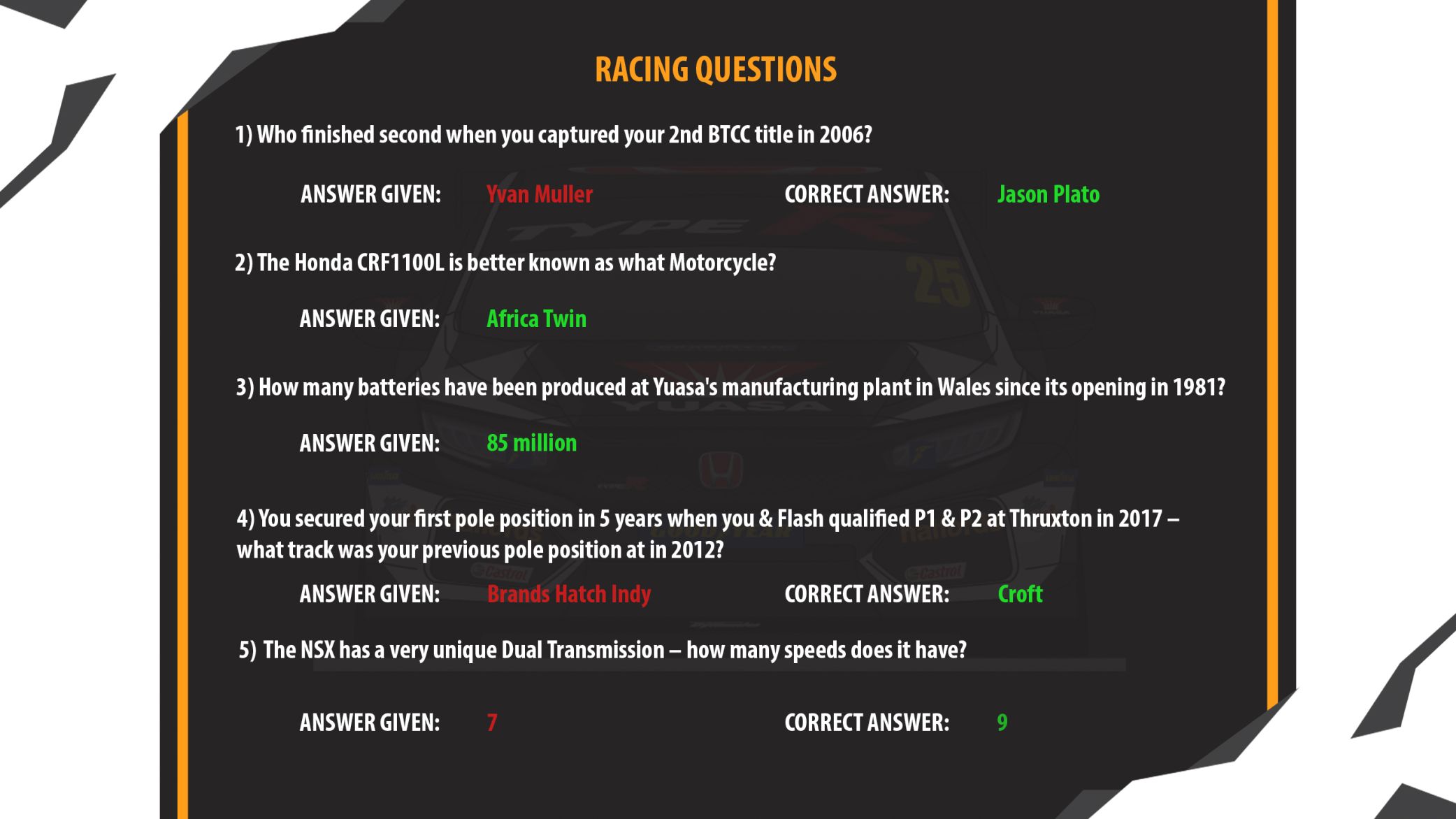 BTCC Drivers Quiz | Honda Engine Room